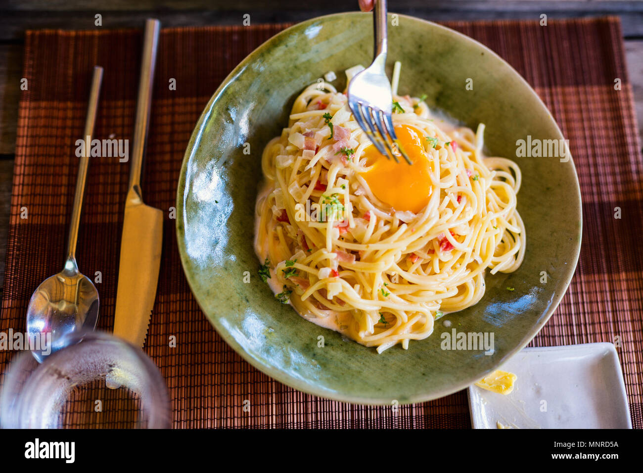 Delicious fresh noodles with egg top view Stock Photo - Alamy