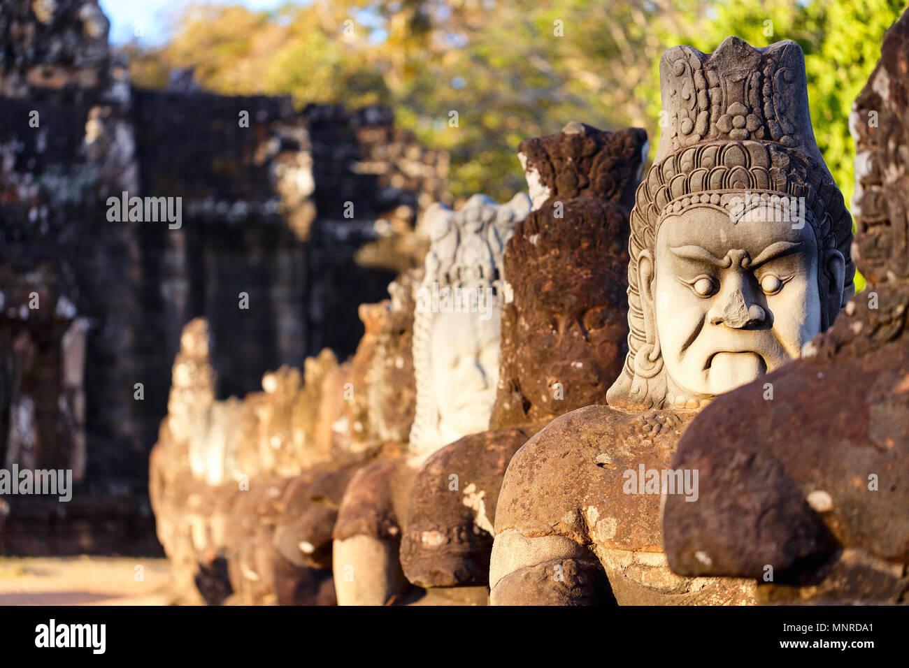 South Gate statues in Angkor Archaeological area in Cambodia Stock ...