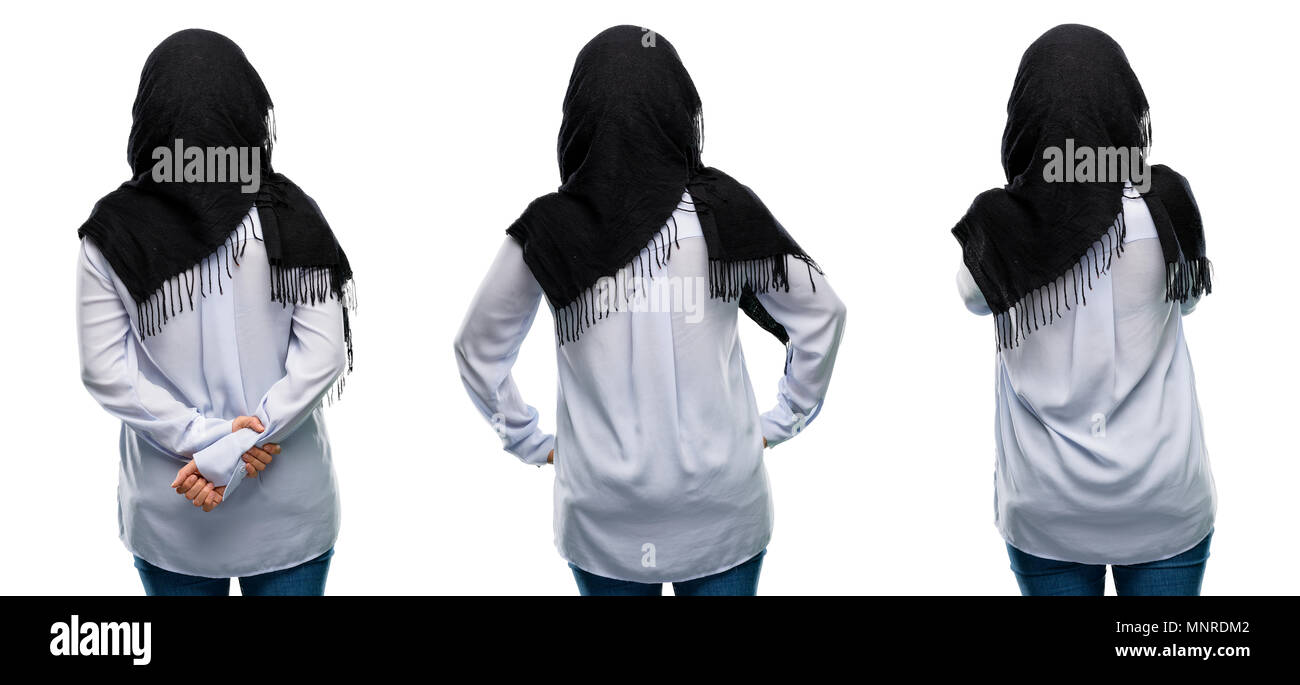 Arab woman wearing hijab backside, rear view isolated over white ...