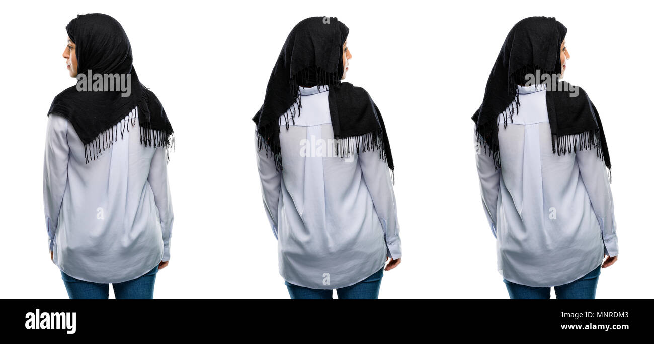Arab woman wearing hijab backside, rear view isolated over white ...