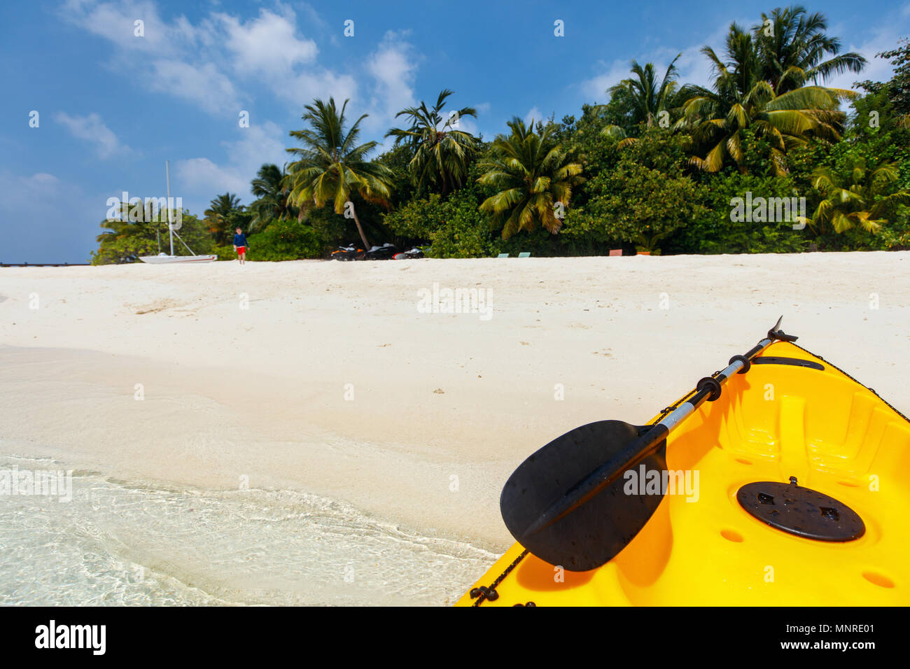 Colorful kayak at beautiful tropical beach with palm trees, white sand ...