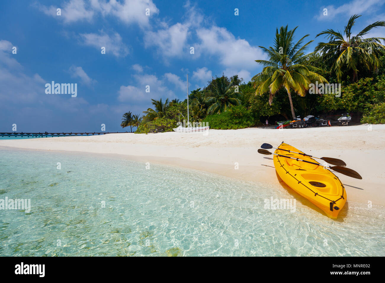 Colorful kayak at beautiful tropical beach with palm trees, white sand ...