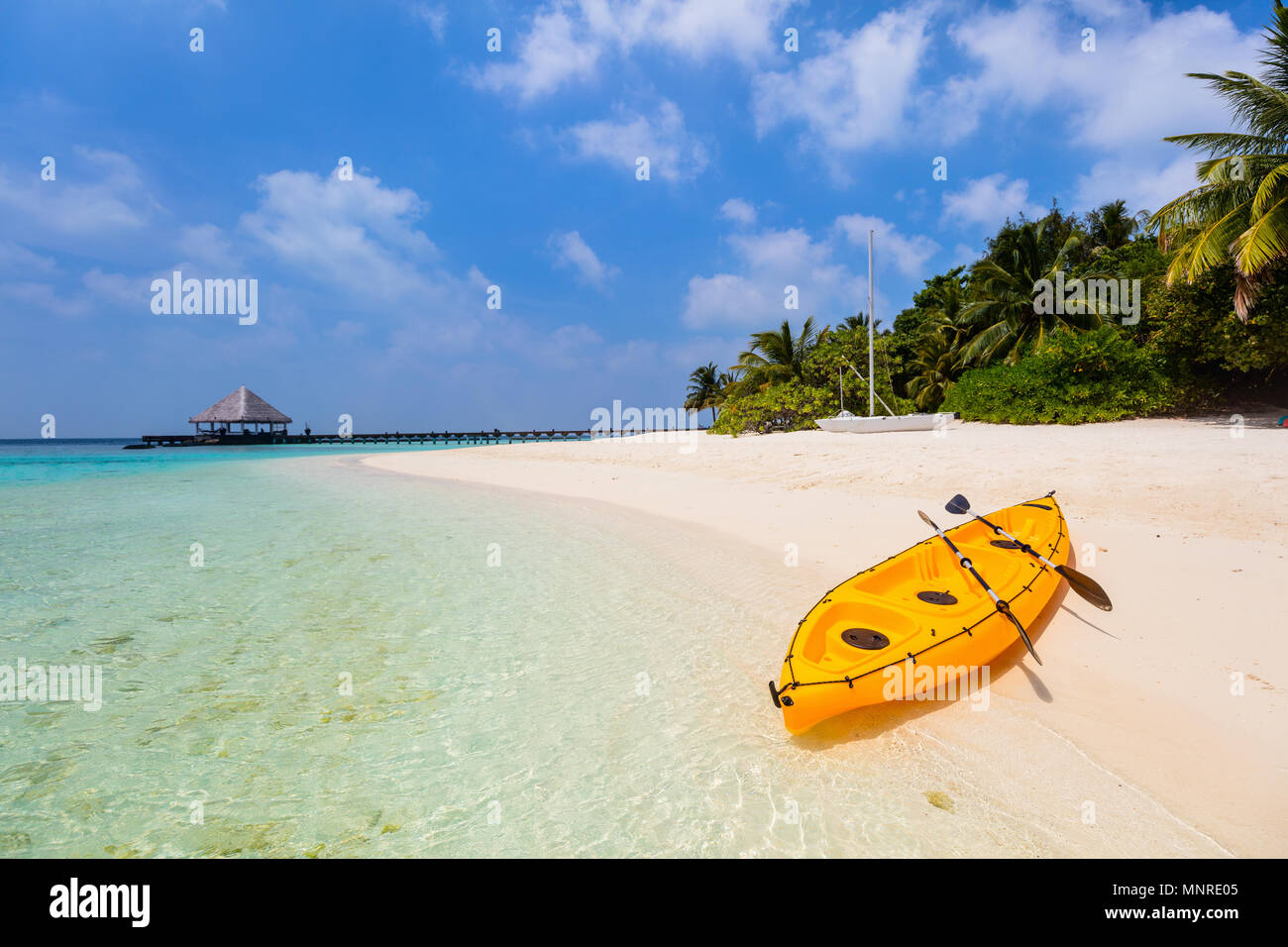 Colorful kayak at beautiful tropical beach with palm trees, white sand ...