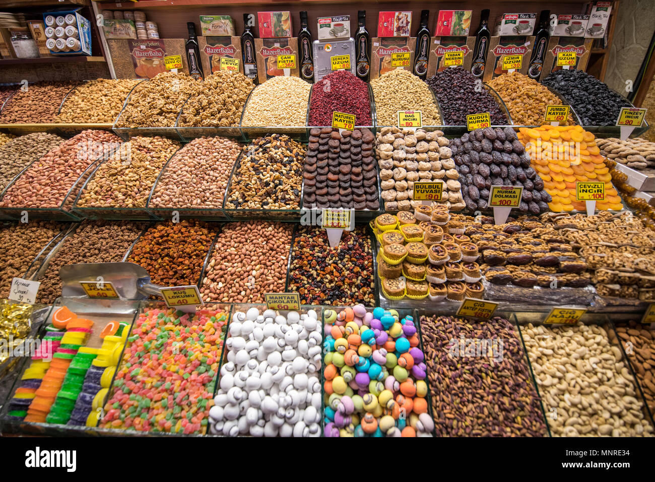 Neatly organized bins at Istanbul Spice bazaar in Turkey are brimming ...