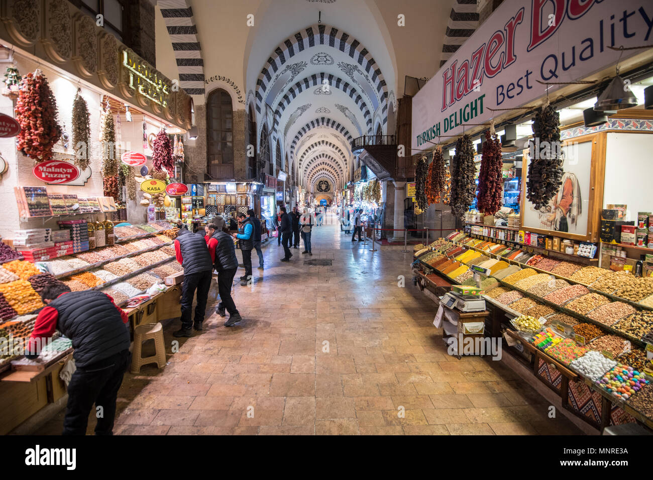 Looking down the main thoroughfare of the Istanbul Spice bazaar in ...