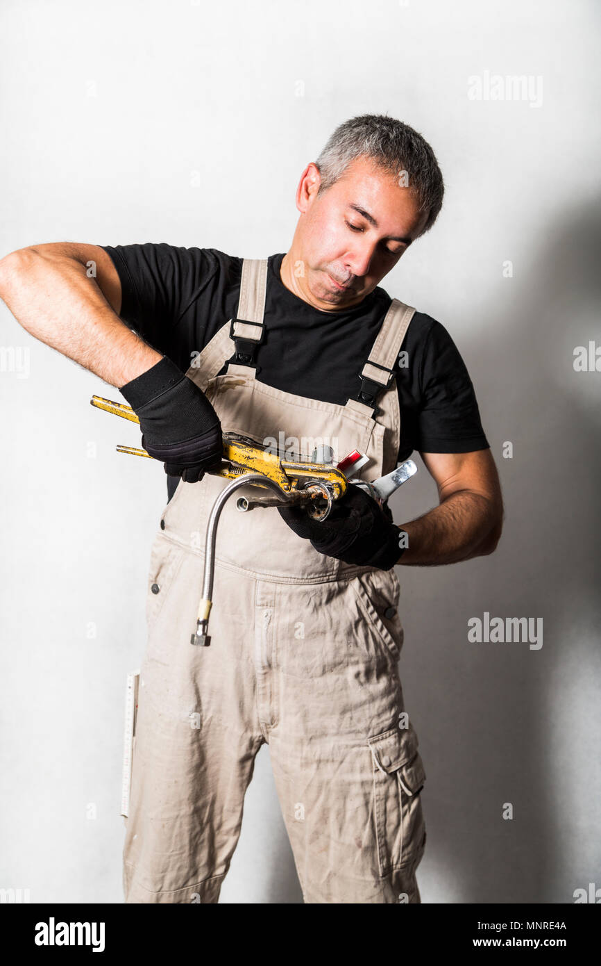 Male man worker specialist plumber, engineer or constructor in white ...