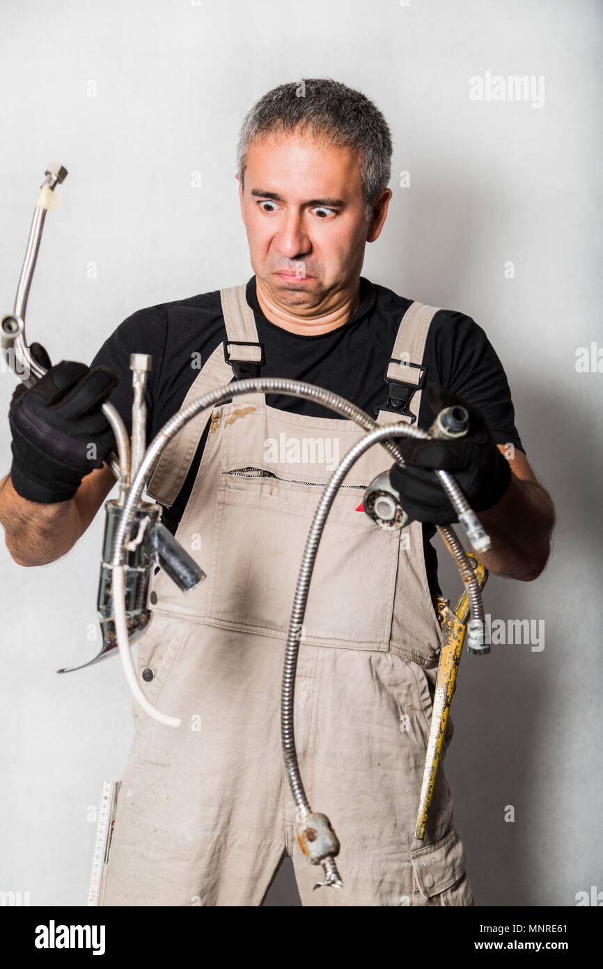 Male man stupid ugly worker specialist plumber, engineer or constructor ...