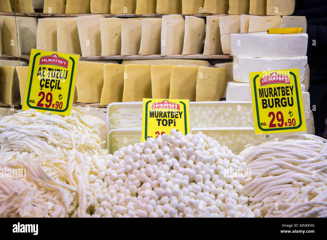 Different types of cheeses on display for sale at Istanbul Spice bazaar ...