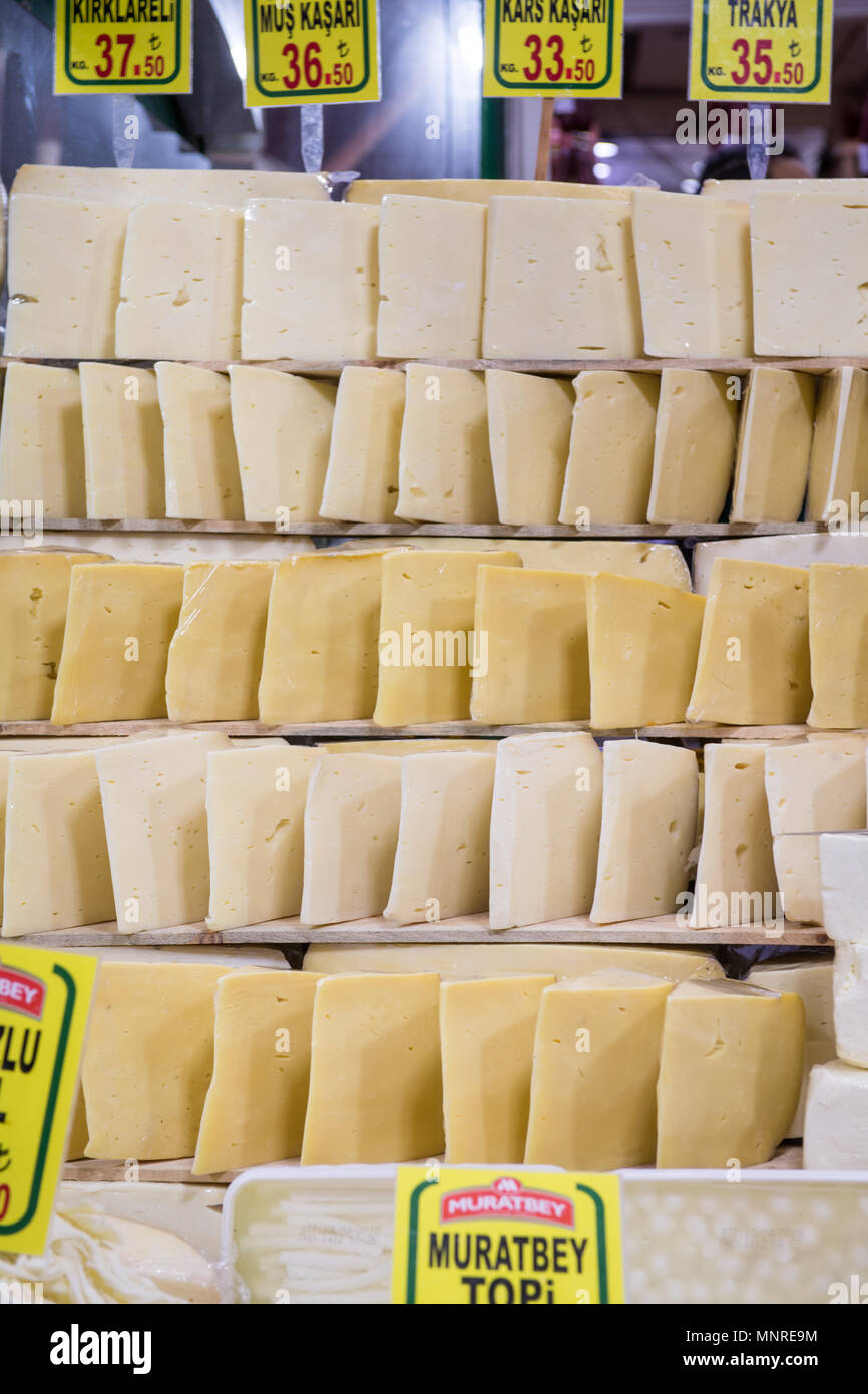 Blocks of tasty cheese sit out on display for sale at Istanbul Spice ...