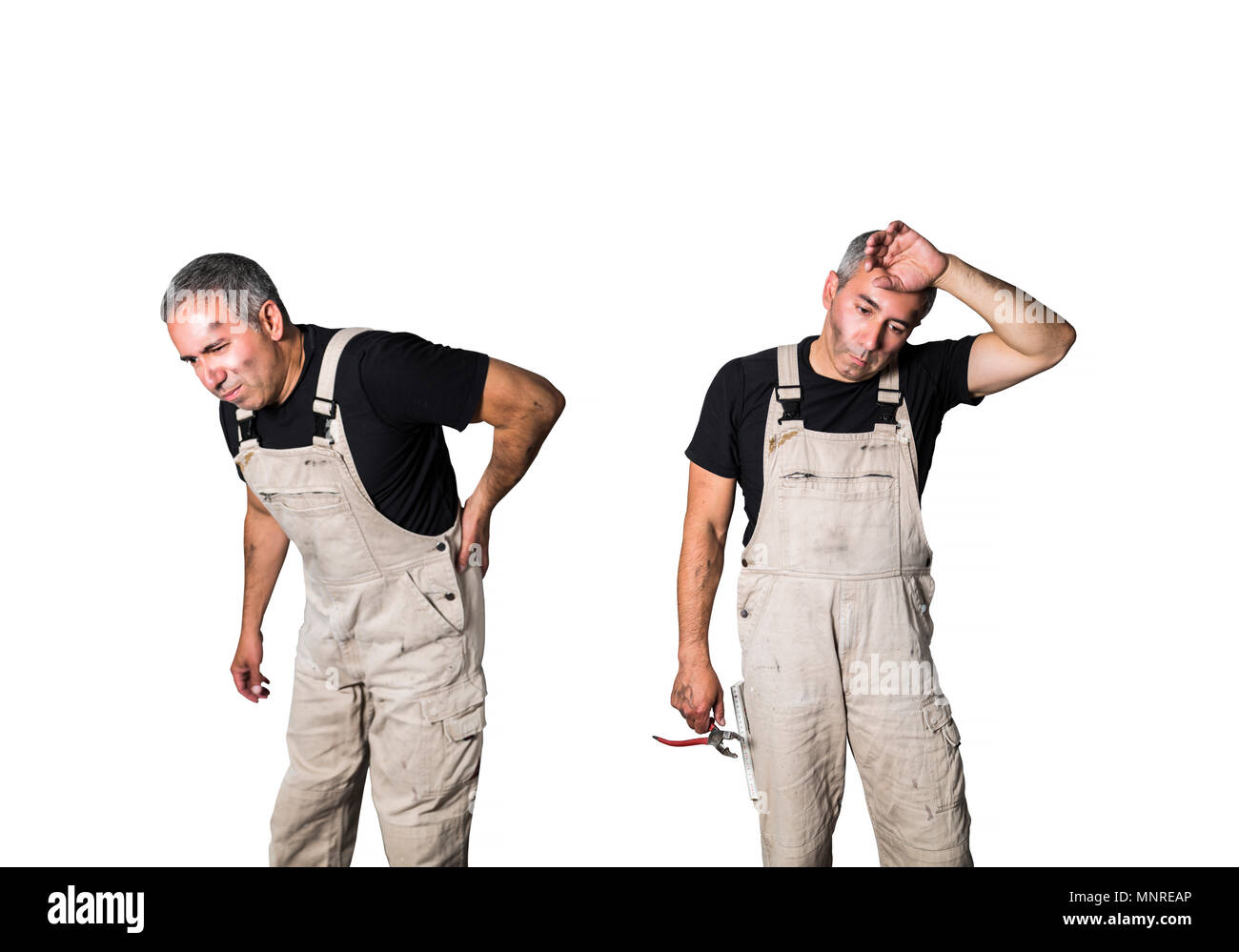 Set of two tired male man worker specialist plumber, engineer or ...