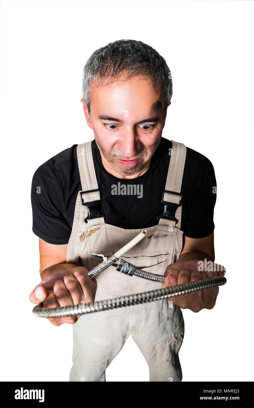 Male man stupid unqualified worker specialist plumber, engineer or ...