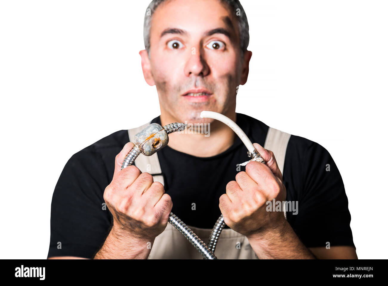 Male man stupid unqualified worker specialist plumber, engineer or ...