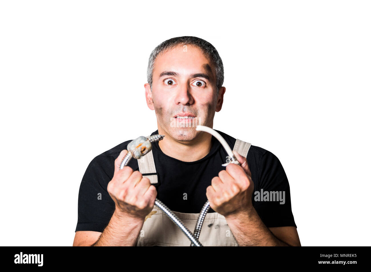 Male man stupid unqualified worker specialist plumber, engineer or ...