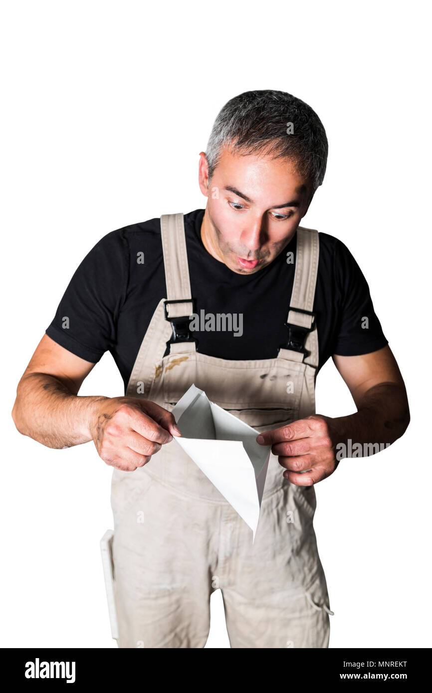 Surprised male man worker specialist plumber, engineer or constructor ...