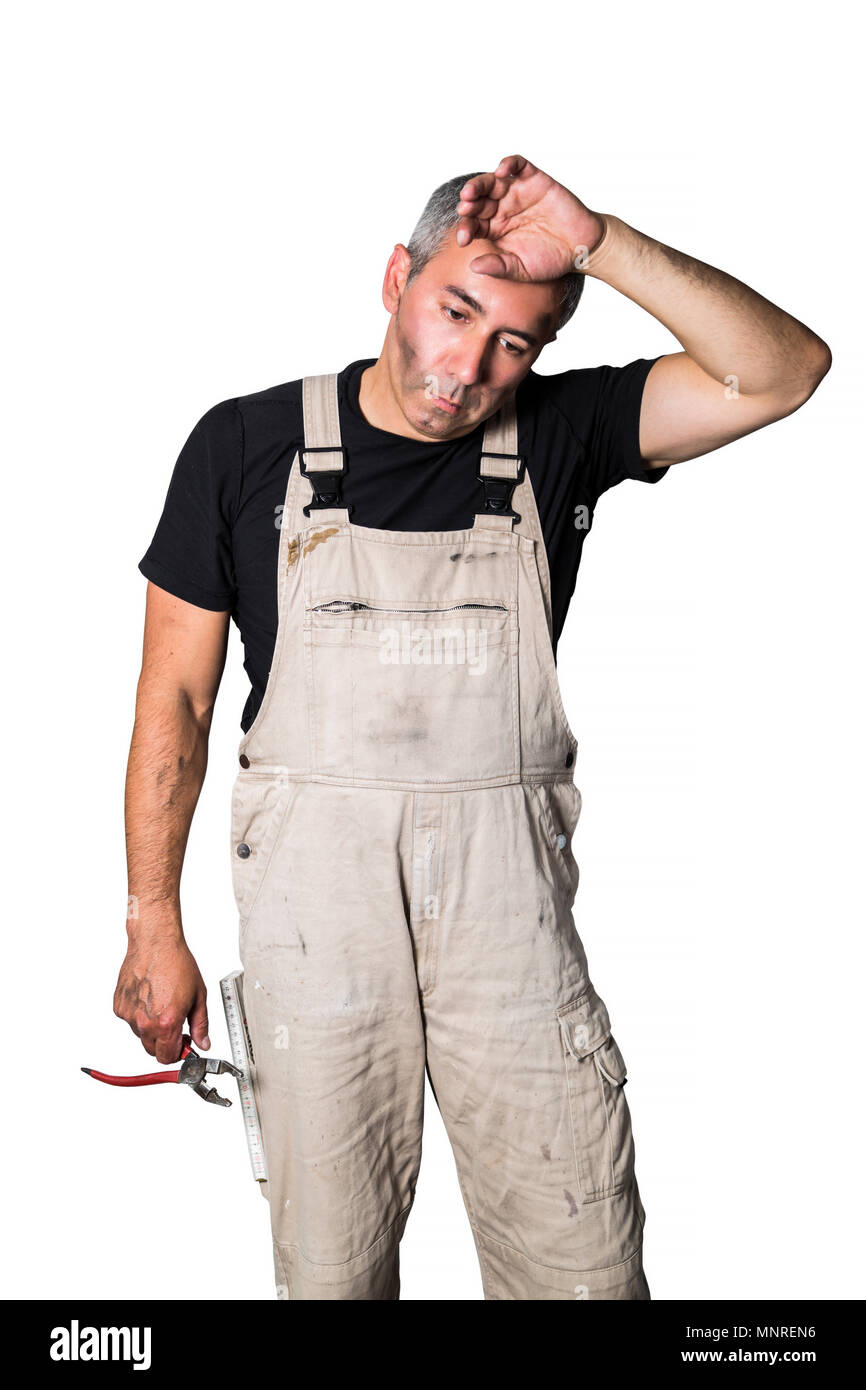 Tired male man worker specialist plumber, engineer or constructor in ...