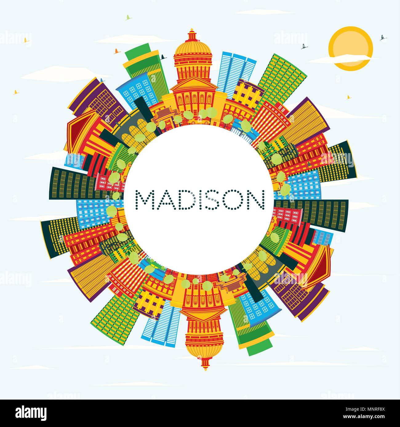 Madison Wisconsin Skyline with Color Buildings, Blue Sky and Copy Space ...