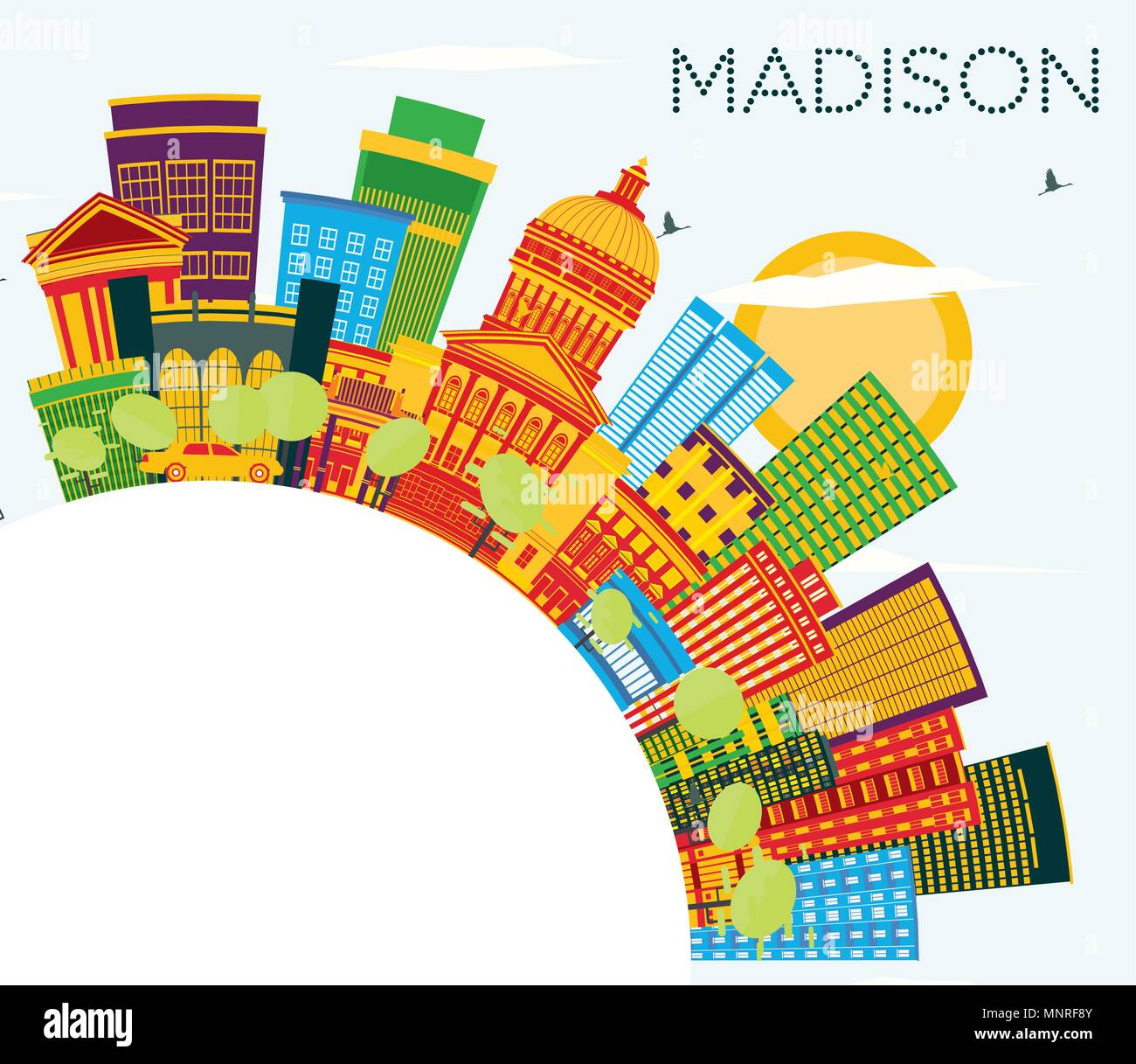 Madison Wisconsin Skyline with Color Buildings, Blue Sky and Copy Space ...