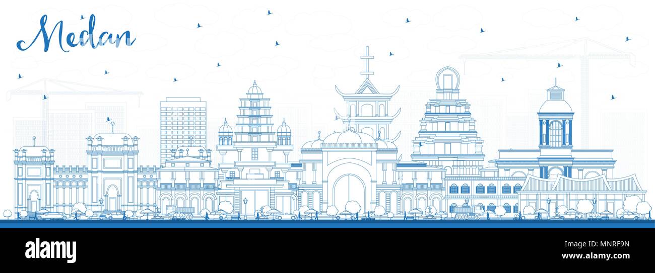 Outline Medan Indonesia City Skyline with Blue Buildings. Vector ...