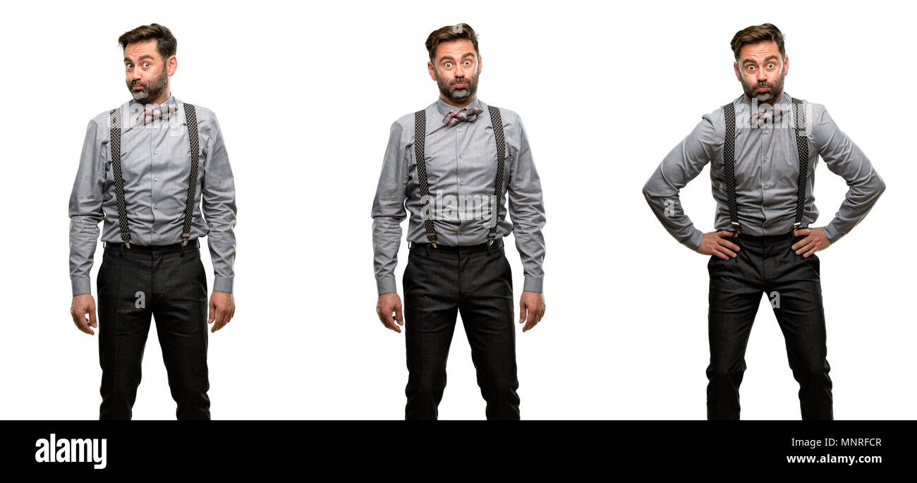 Middle age man, with beard and bow tie puffing out cheeks, having fun ...