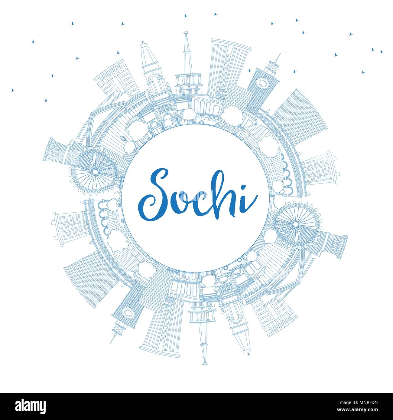 Outline Sochi Russia City Skyline with Blue Buildings and Copy Space ...