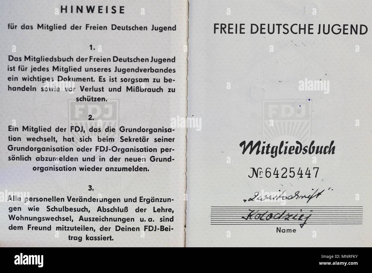 FDJ Freie Deutsche Jugend membership book. 1960s, 1970s. Belonging to ...