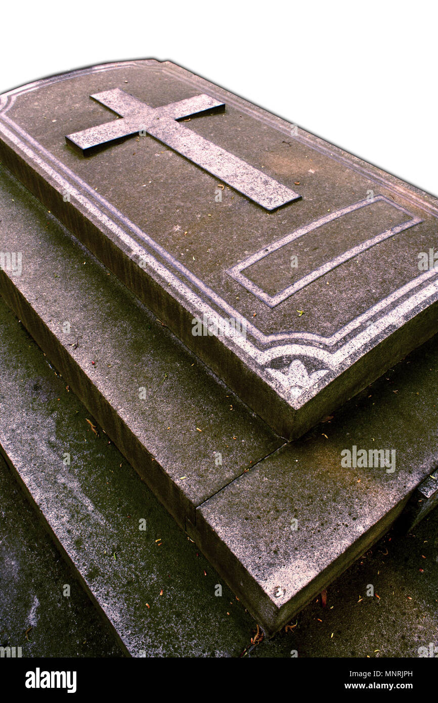 old concrete grave with granite plate, with cross, isolated on white ...