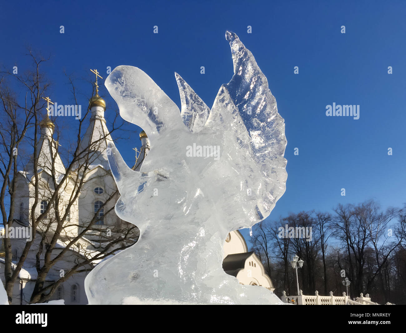 Russia, Novodrozhzhino, 03-24-2018, Sculpture of the icy angel on the ...