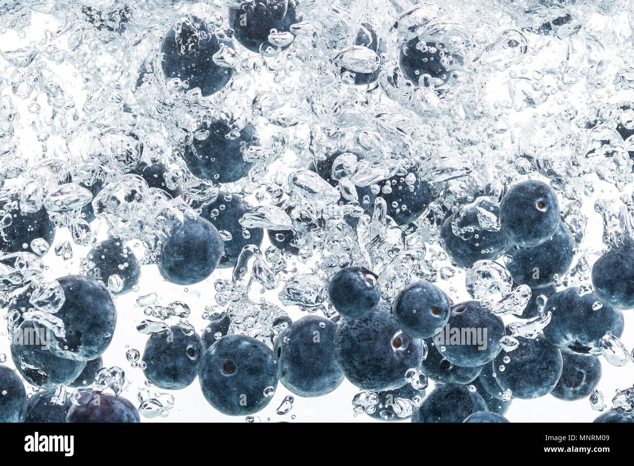 Blueberries sinking into water with air bubbles white background Stock ...