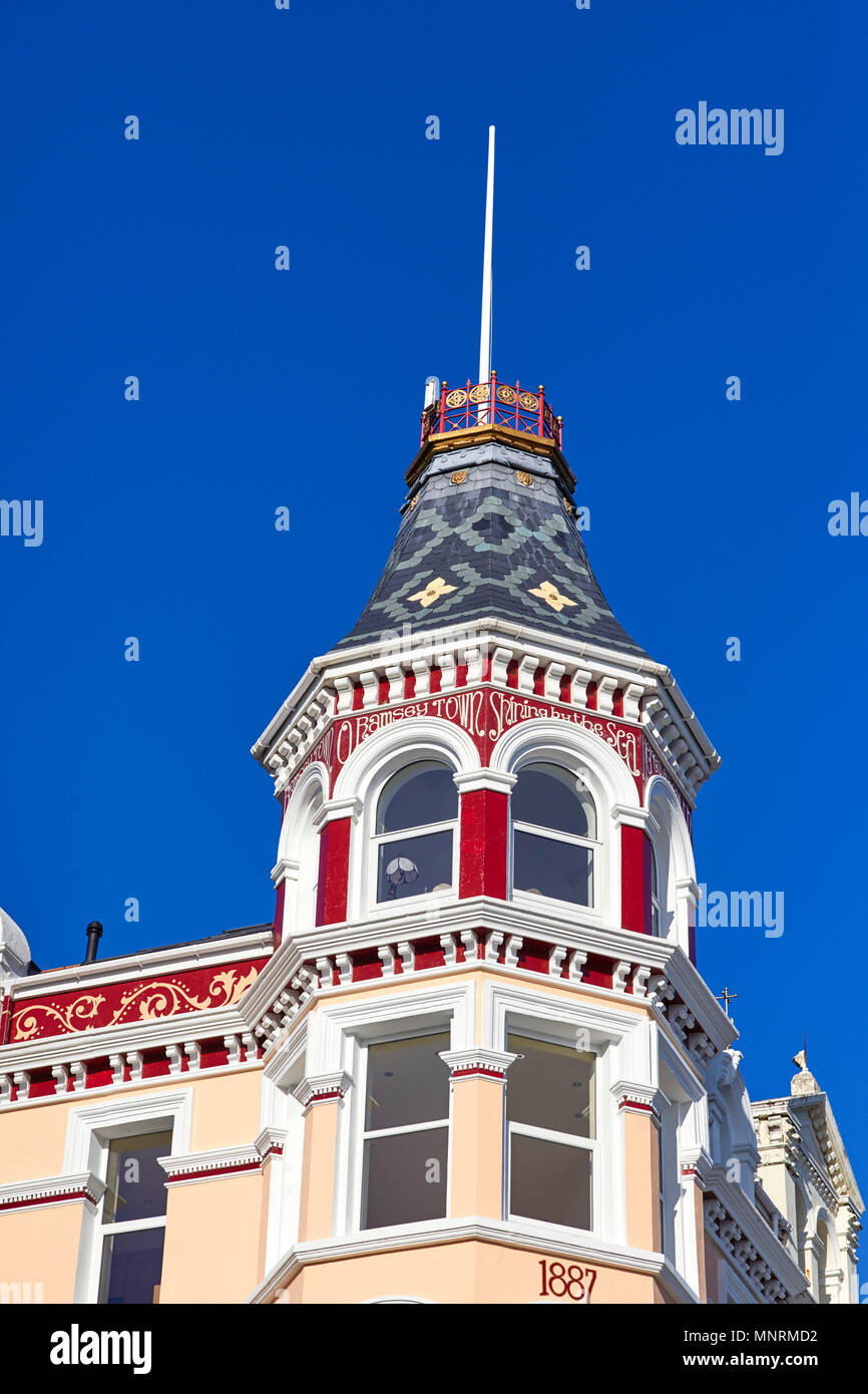 Detail of the tower on a newly painted building at Mooragh Park in ...