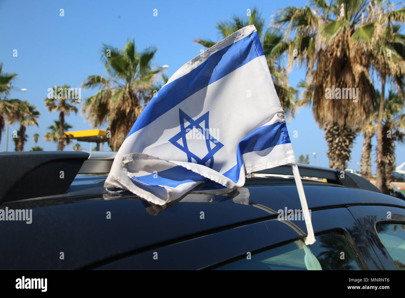 Tel Aviv, Israel - May 15, 2018: View of the Israeli national flag ...