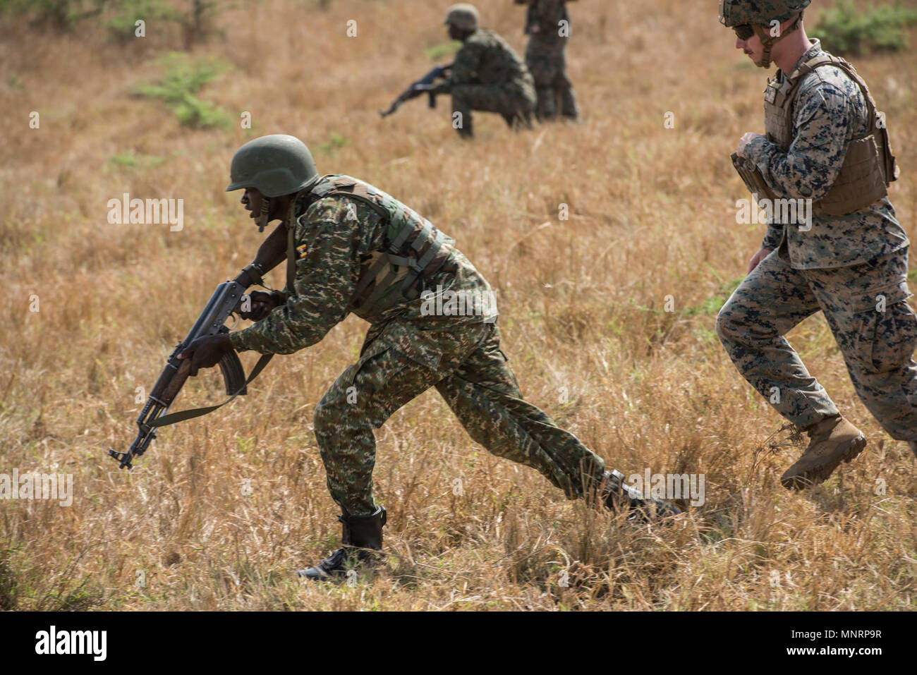 Uganda Peoples' Defence Force soldiers practice ground maneuvers during ...
