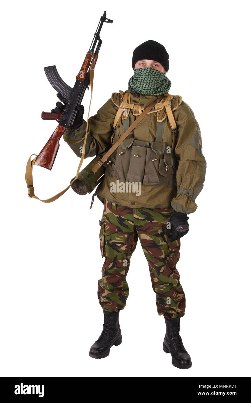 insurgent wearing shemagh with kalashnikov rifle isolated on white ...