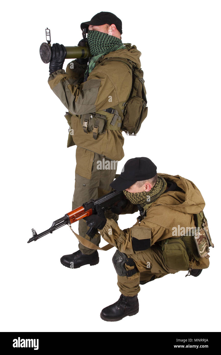 mercenaries with AK 47 and rocket launcher isolated on white background ...