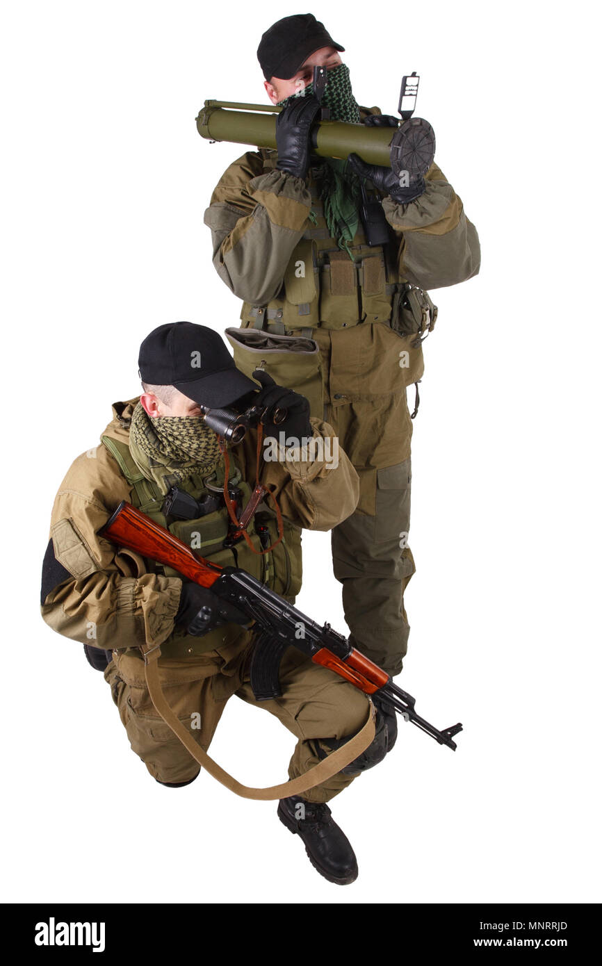 mercenaries with AK 47 and rocket launcher isolated on white background ...