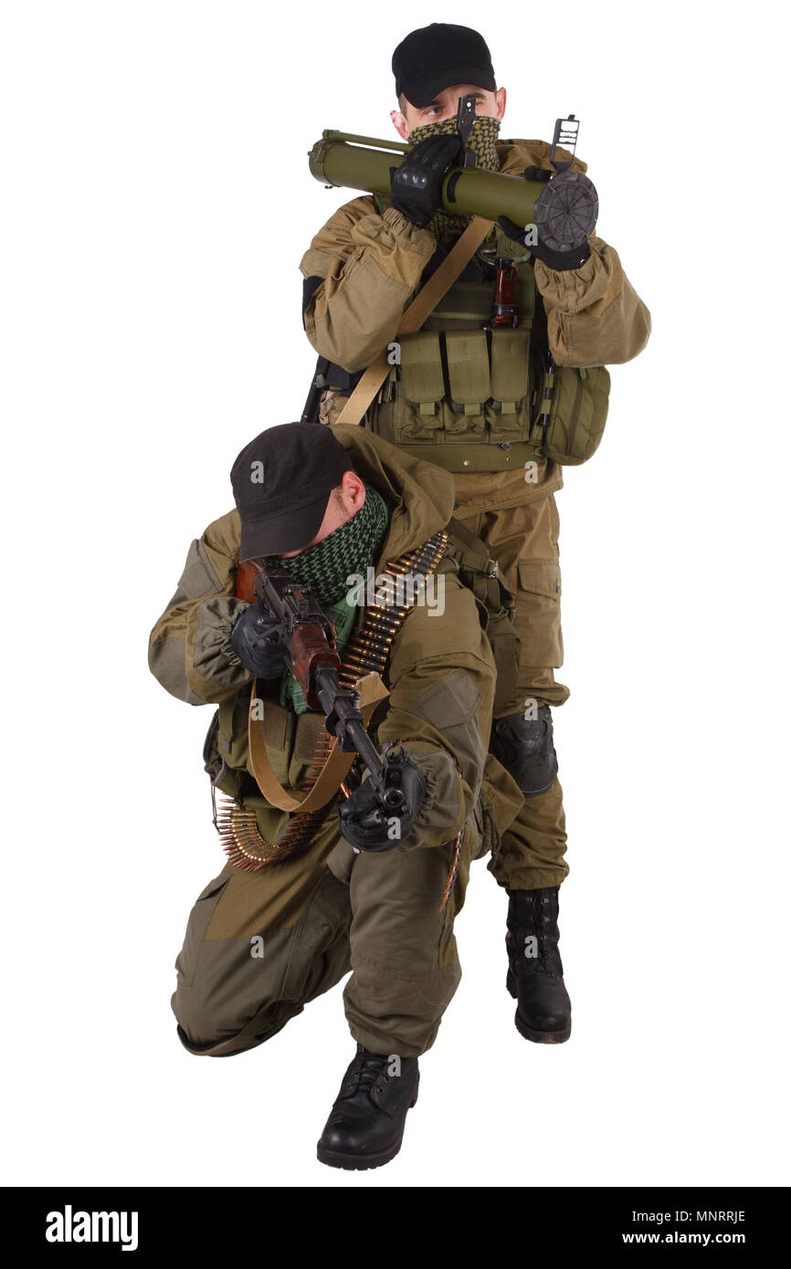 mercenaries with RPD machine gun and rocket launcher isolated on white ...