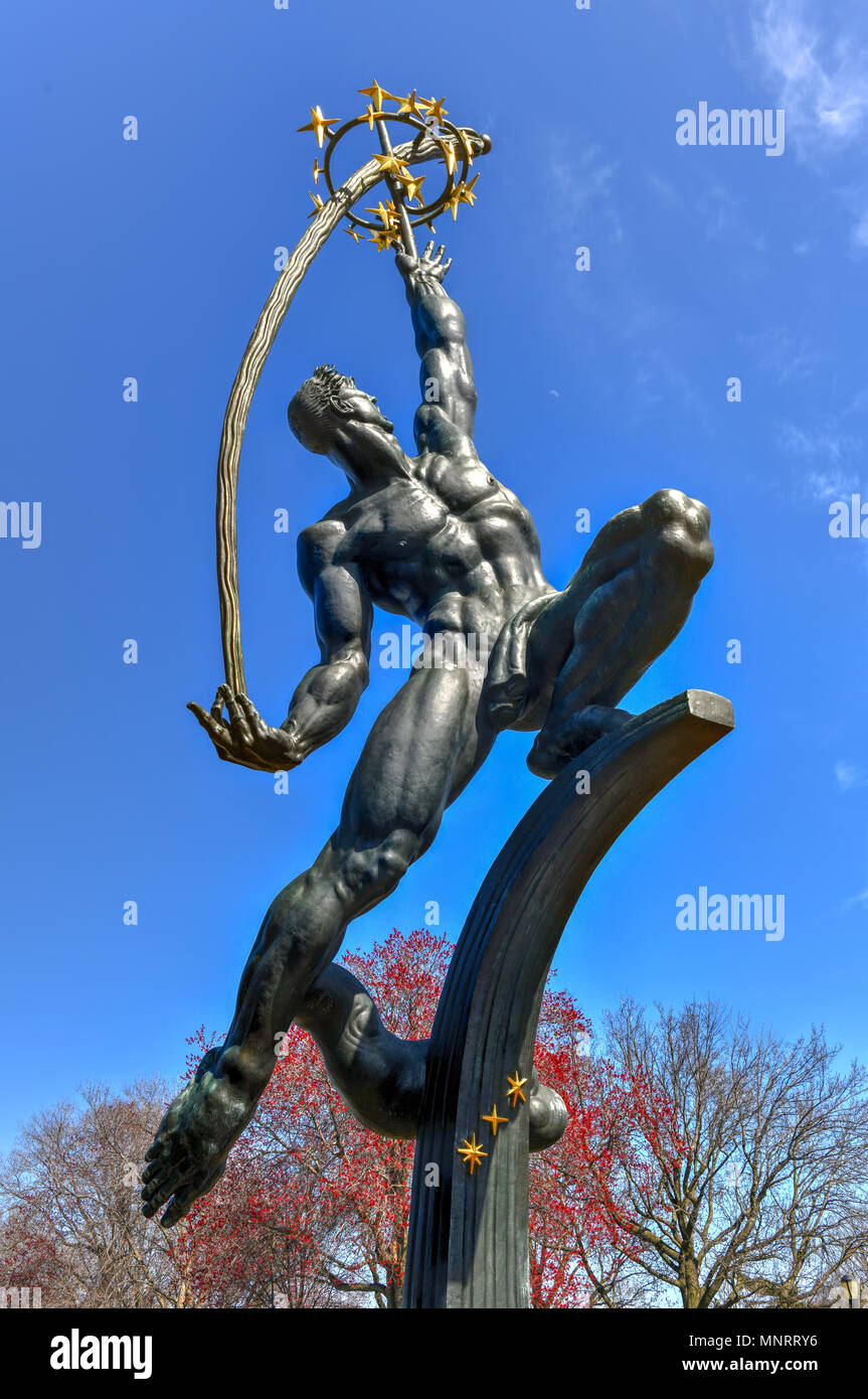 New York - Apr 21, 2018: Rocket Thrower massive bronze sculpture ...