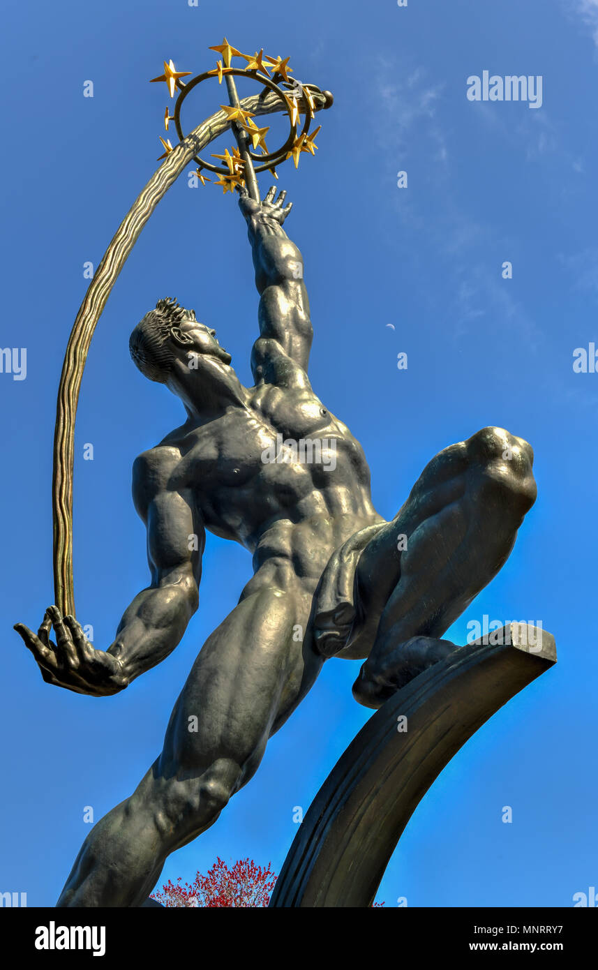 New York - Apr 21, 2018: Rocket Thrower massive bronze sculpture ...