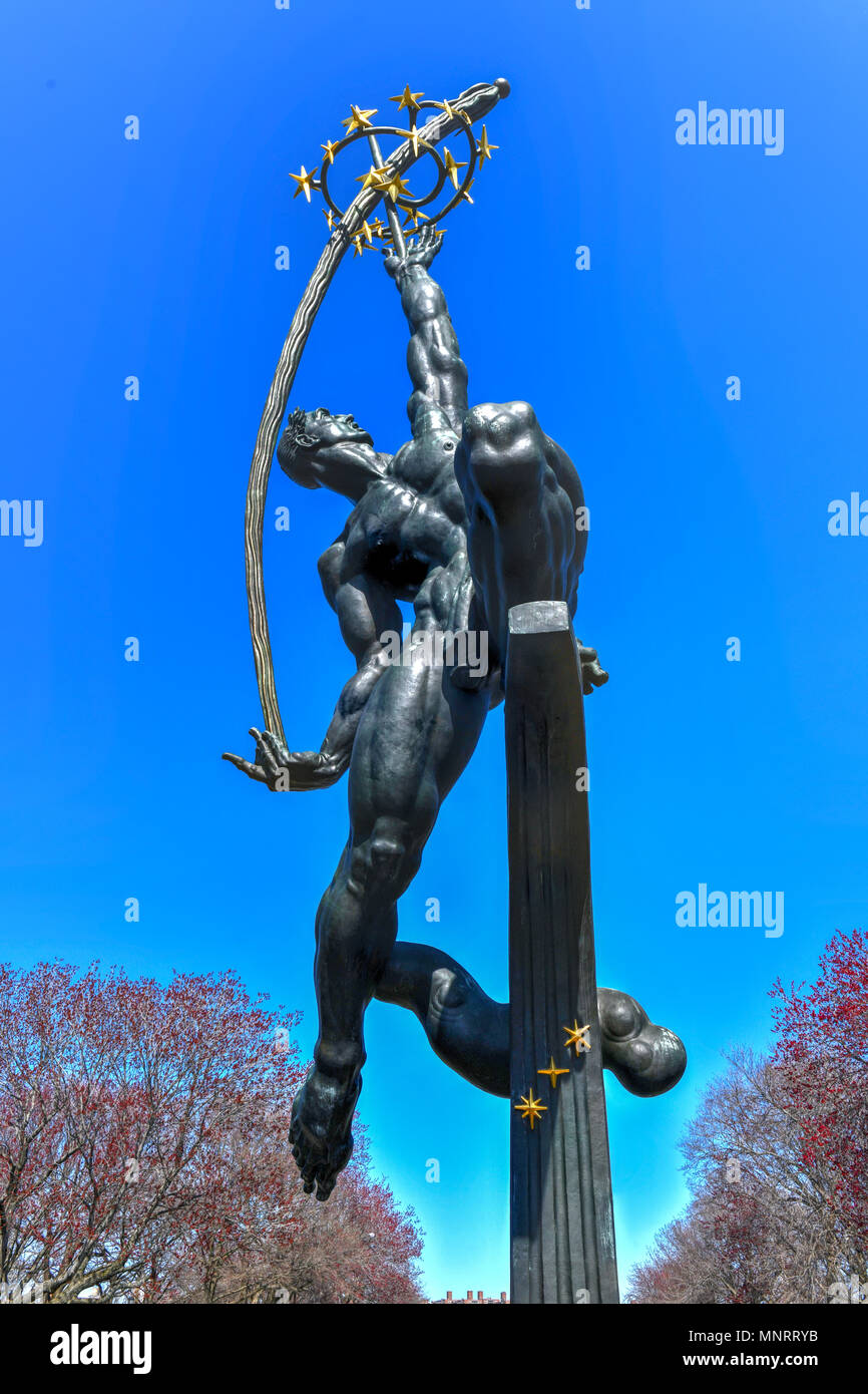 New York - Apr 21, 2018: Rocket Thrower massive bronze sculpture ...