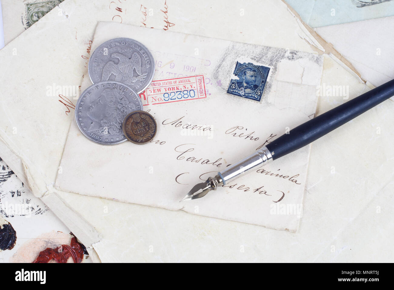 Vintage background with old paper, old ink pen, handwriten letters and ...