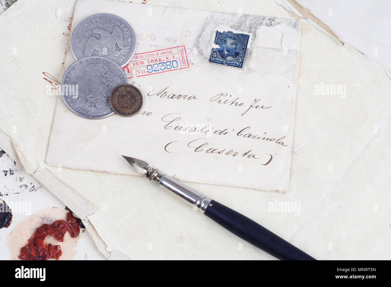 Vintage background with old paper, old ink pen, handwriten letters and ...