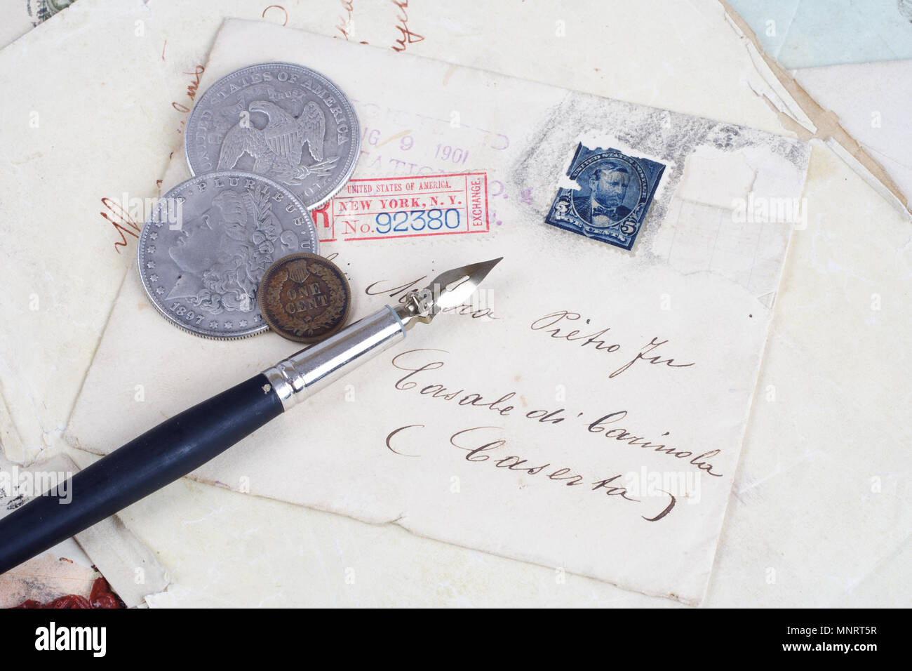 Vintage background with old paper, old ink pen, handwriten letters and ...