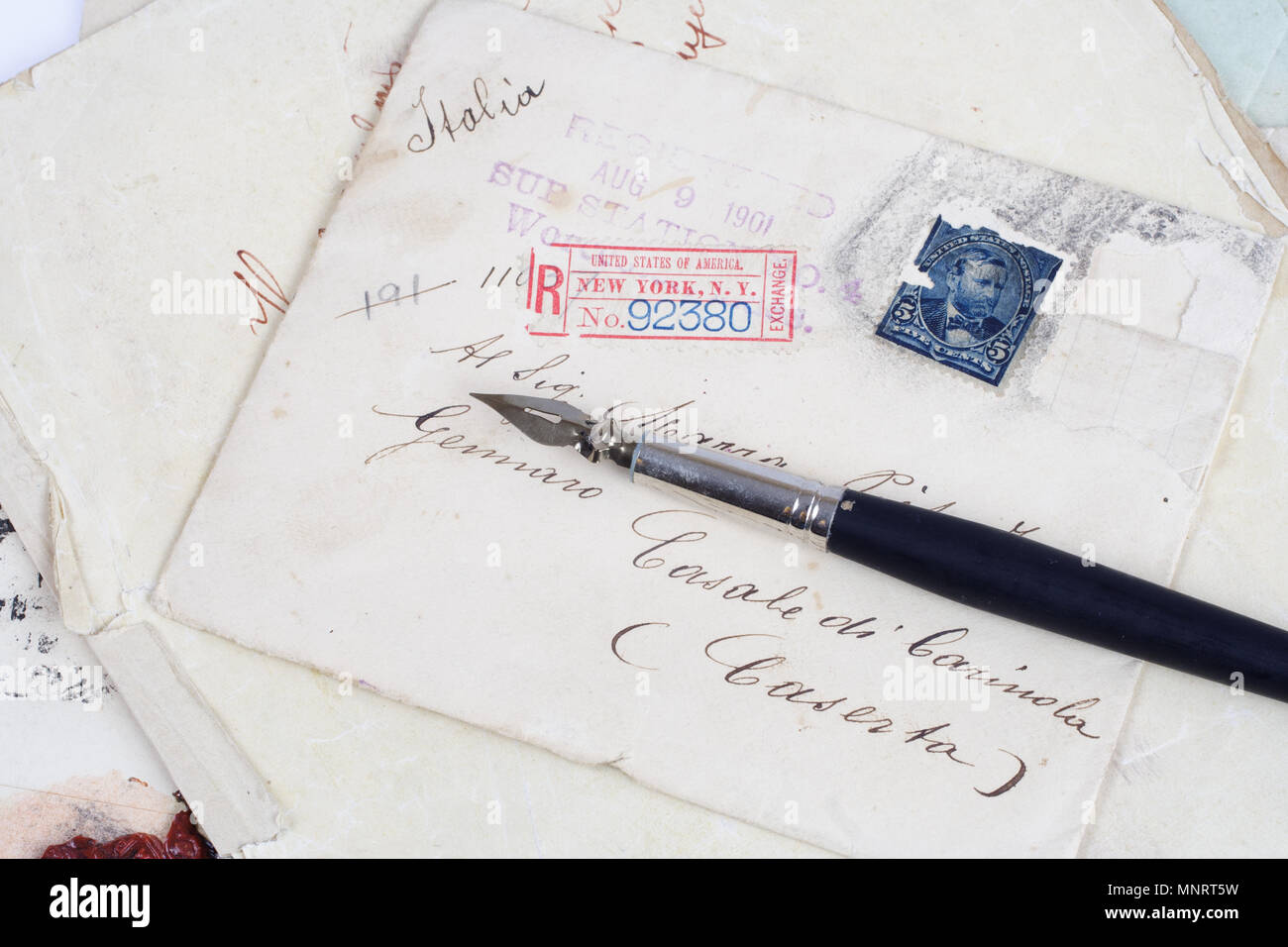 Vintage background with old paper, old ink pen, handwriten letters ...