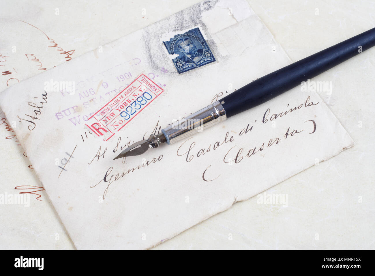 Vintage background with old paper, old ink pen, handwriten letters ...