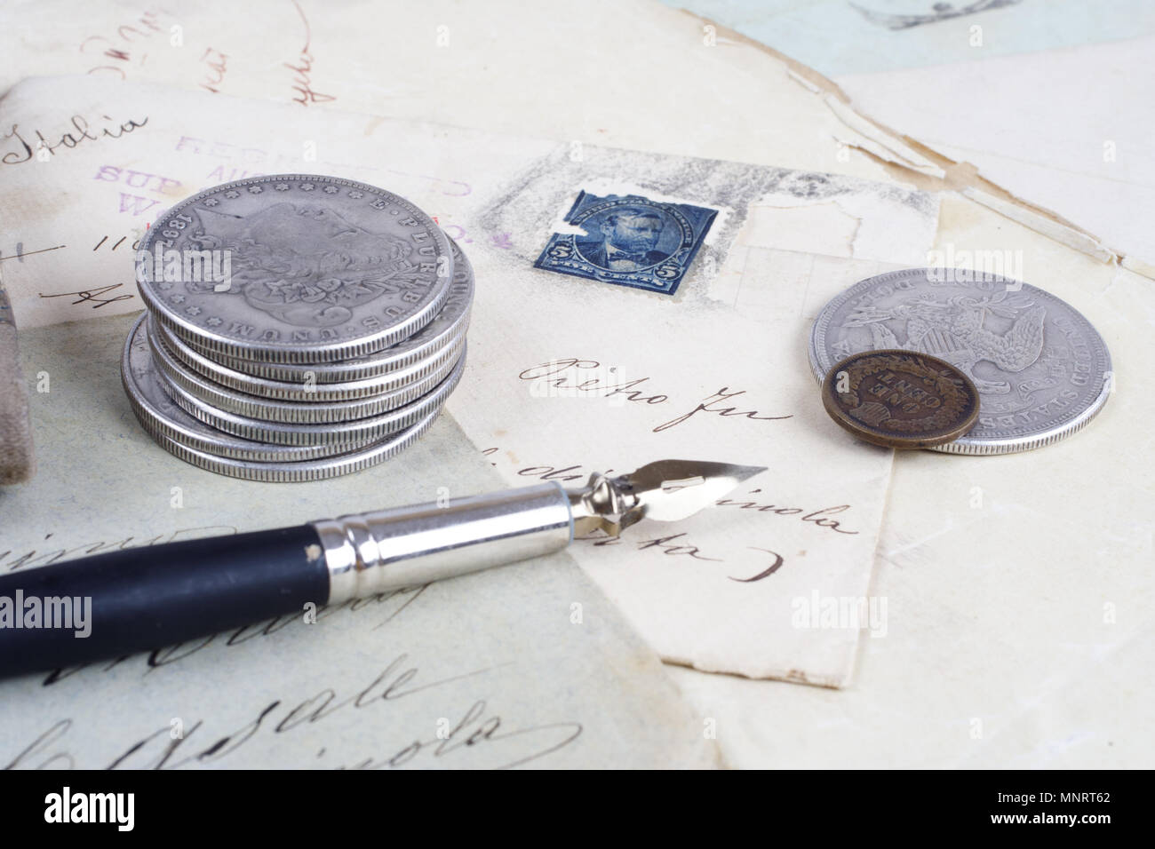 Vintage background with old paper, old ink pen, handwriten letters and ...