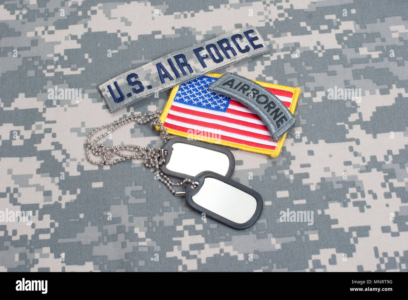 KIEV, UKRAINE - May. 02, US ARMY airborne tab with blank dog tags on ...