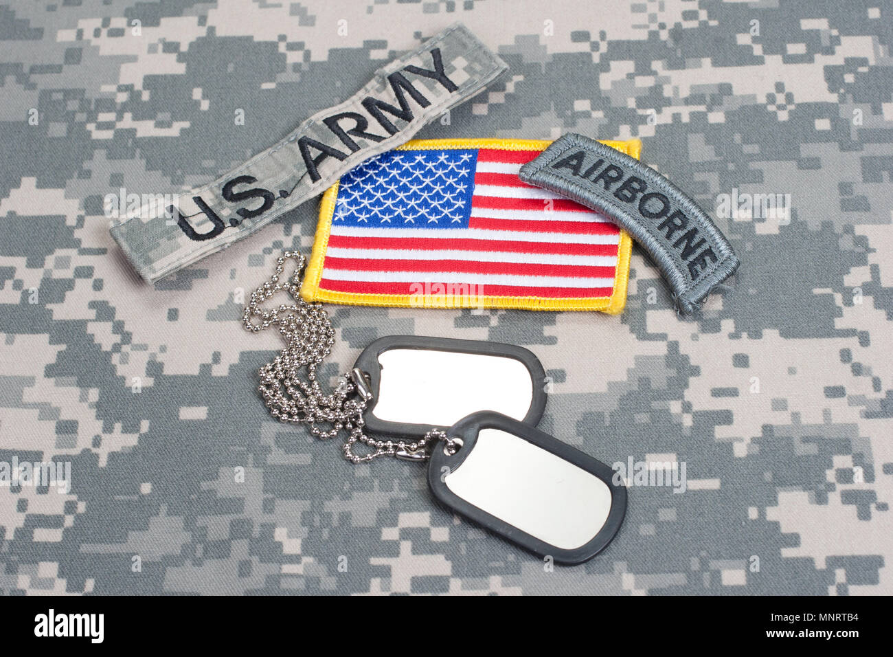 KIEV, UKRAINE - May. 02, US ARMY airborne tab with blank dog tags on ...