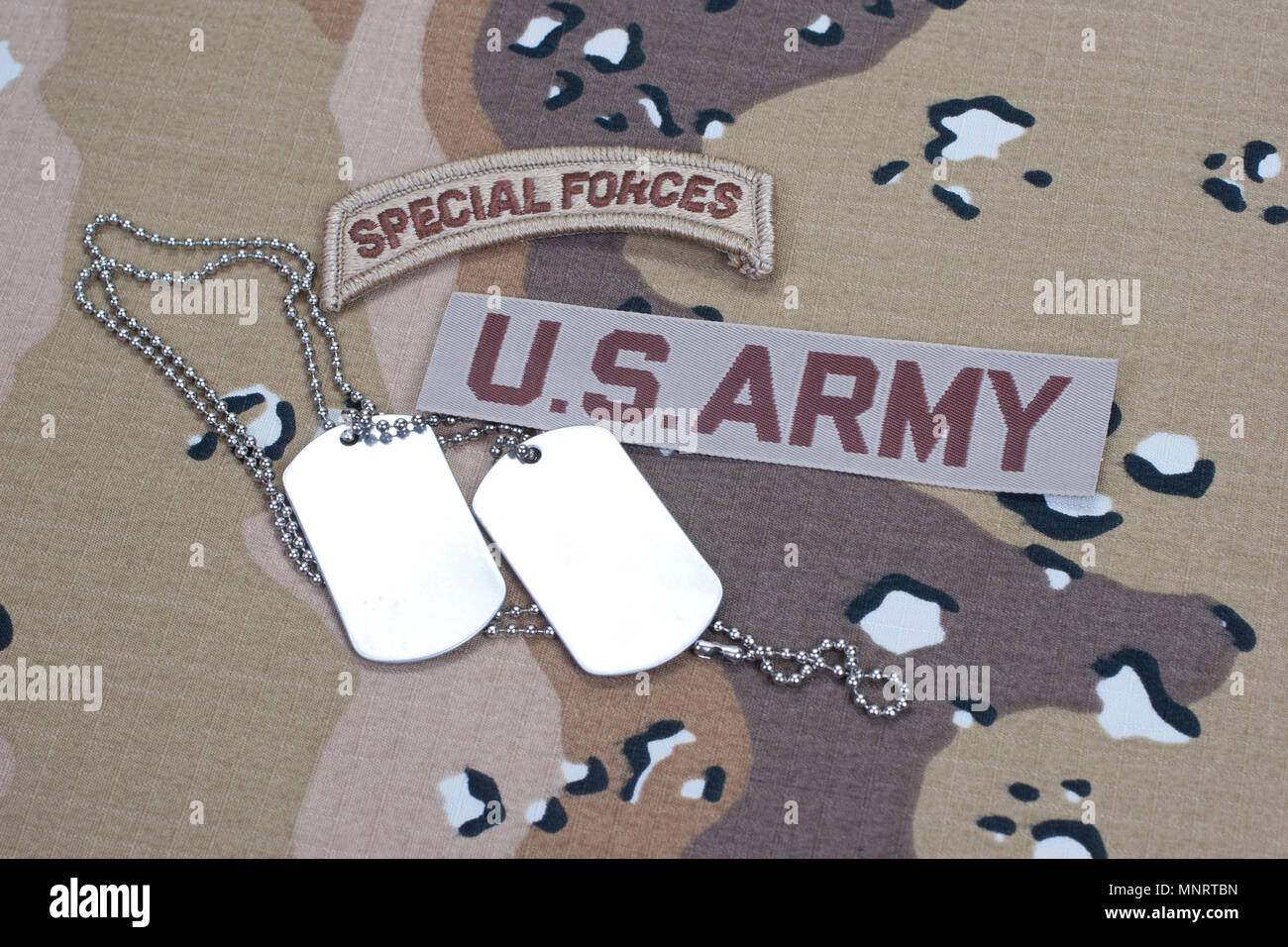 KIEV, UKRAINE - May. 02, US ARMY special forces tab with blank dog tags ...
