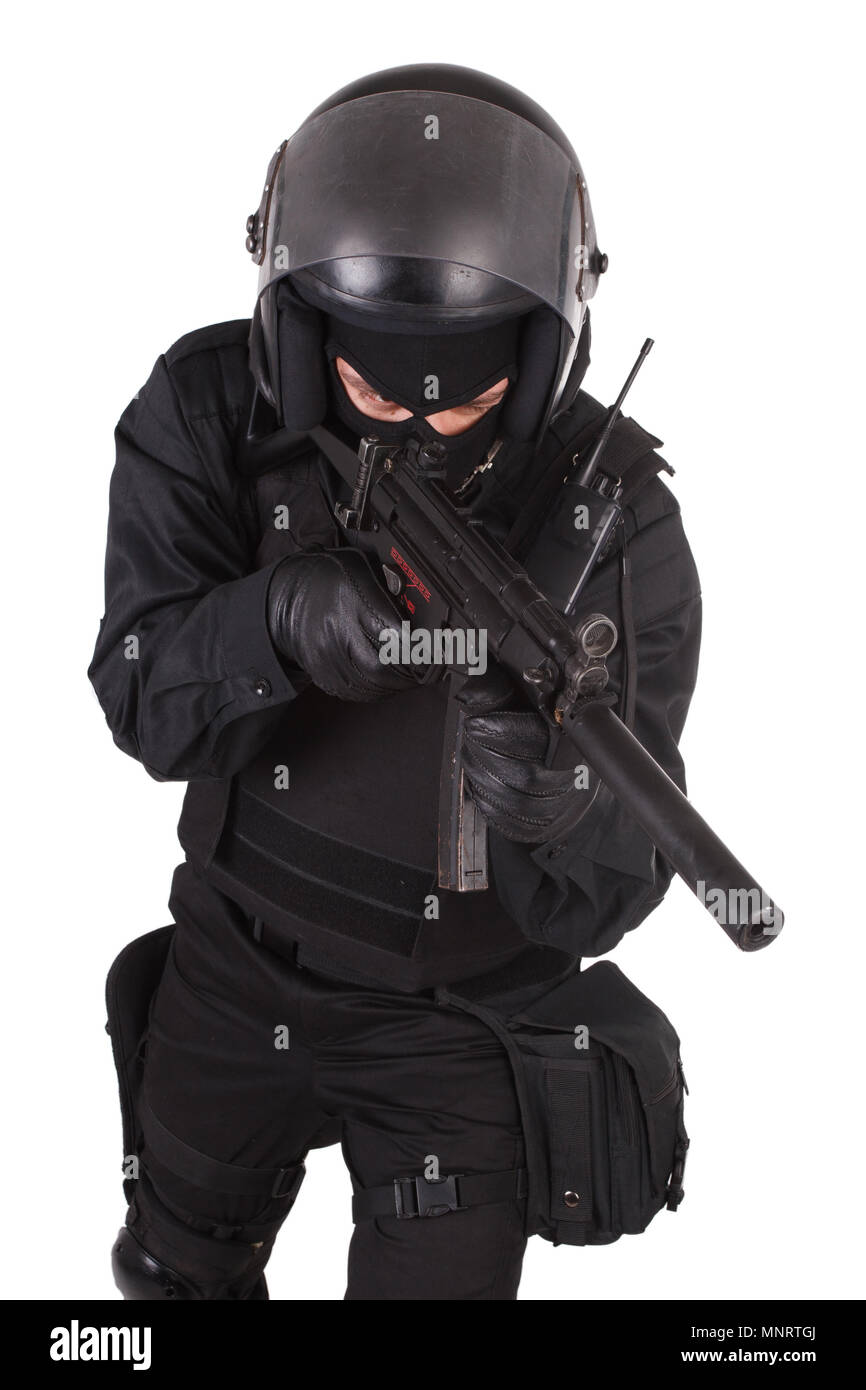 police special forces officer in black uniform isolated on white Stock ...