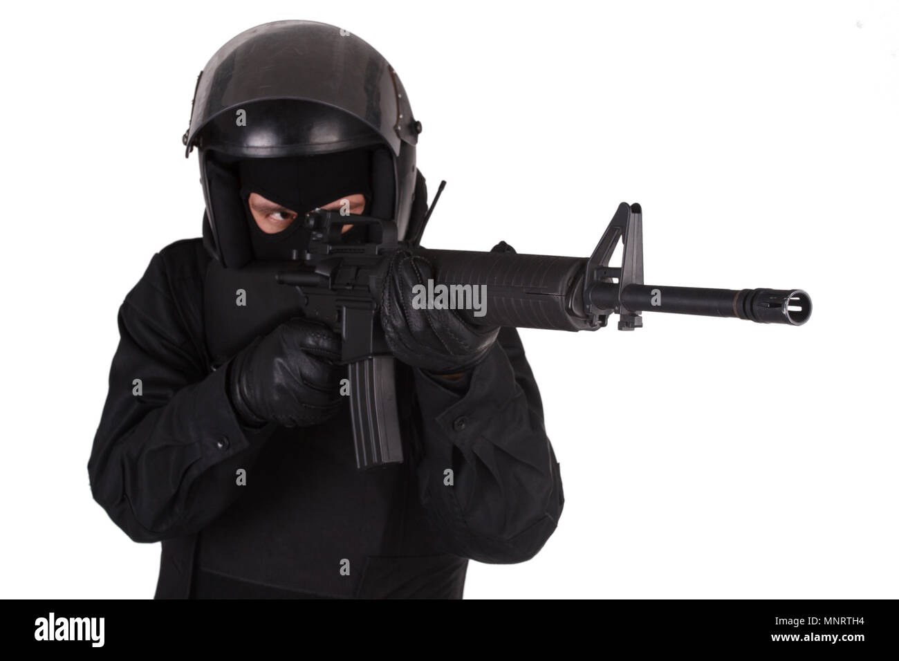 SWAT officer in black uniform isolated on white Stock Photo - Alamy