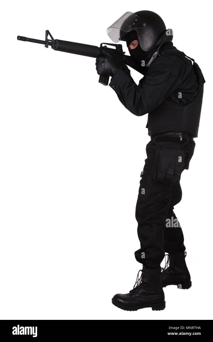 SWAT officer in black uniform isolated on white Stock Photo - Alamy